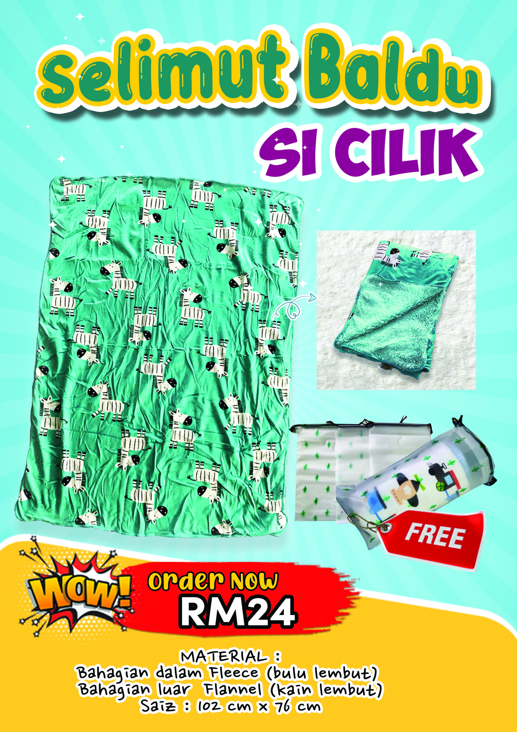 BLANKET05 : SELIMUT BALDU ANIMAL TURQUOISE + FREE GIFT MINI BAG ...